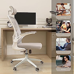 Lybaint Office Chair, High Back Ergonomic Desk Chair, Breathable Mesh Computer Chair with Flip-Up Armrests, Lumbar Support, Adjustable Headrest, 90°-125° Tilt Function, Recliner Chair for Home Office