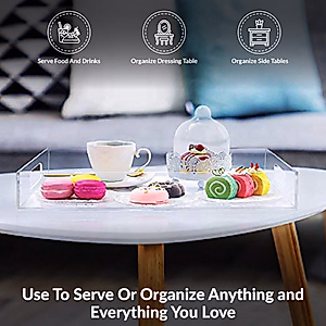 Rectangle Coffee Table Tray - Clear Acrylic Tray with Handles 16 x 12 x 2 - Rectangle Tray for Serving Food, Coffee, Organizing Bathroom Accessories, Makeup, Perfume, Ottoman, Eating in Bed Tray