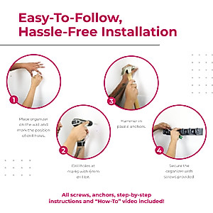 Berry Ave Broom Holder & Wall Mount Garden Tool Organizer- Kitchen, Closet, Garage & Laundry Room Storage w/ 5 Slots And 6 Hooks- Wall Holder For Broom, Rake & Mop Handles Up To 1.25” [Black, 4 Pack]