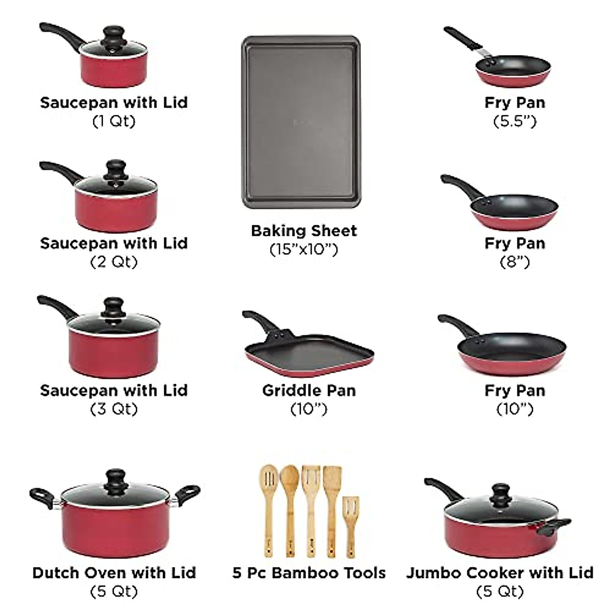 Ecolution Easy Clean Nonstick Cookware Set, Dishwasher Safe Kitchen Pots and Pans Set, Comfort Grip Handle, Even Heating, Ultimate Food Release, 20-Piece, Red