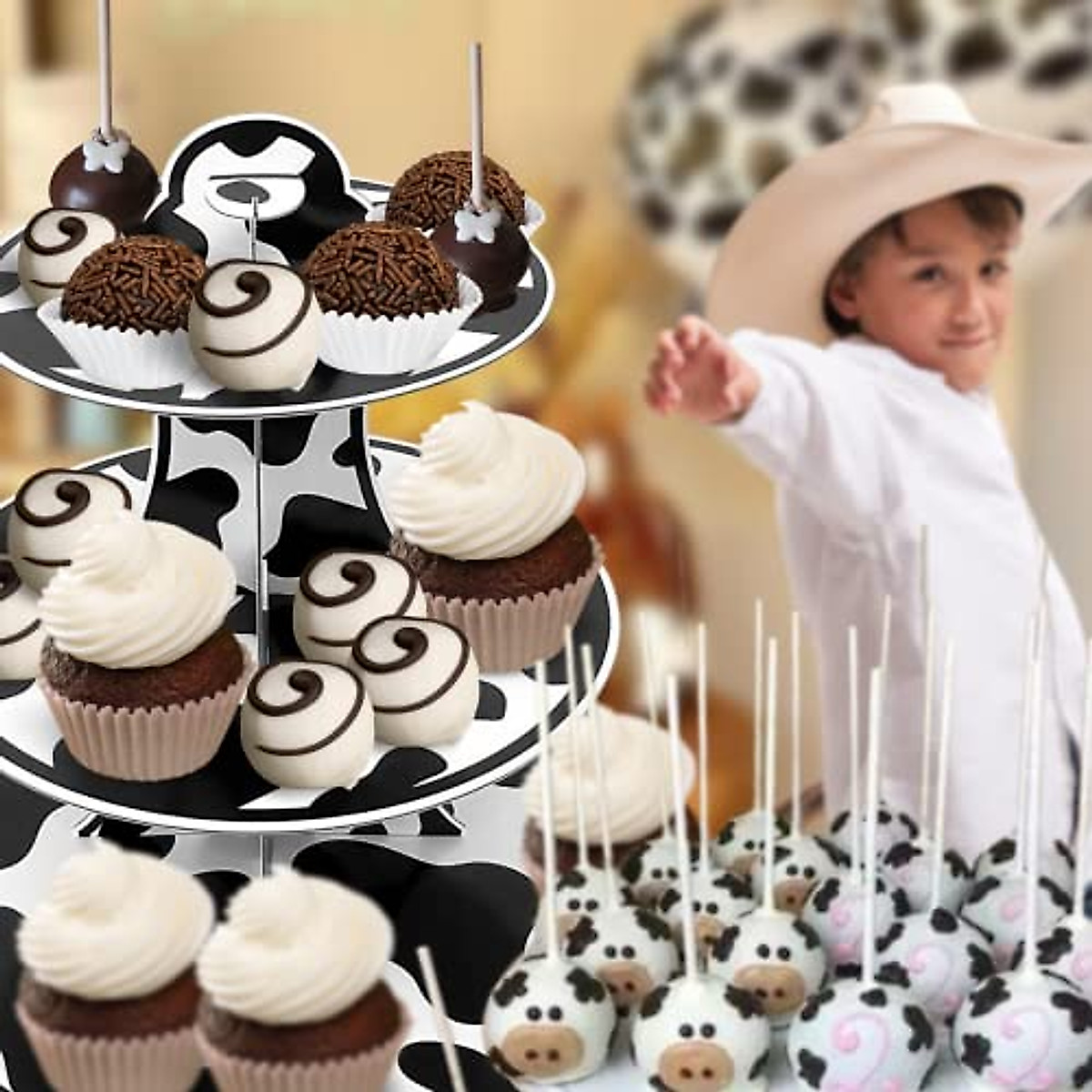 2 PCS 3-Tier Cow Print Stands Cardboard Cow Print Round Cardboard Stand Farm Animal 2 Cow Print Cupcake Stands 3 Tier Cupcake Holder Perfect for Cow Boy Party Cow Print Supplies