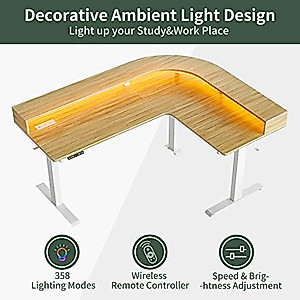 FEZIBO Triple Motor L Shaped Stadning Desk with LED Strip & Power Outrlets，63 inches Height Adjustable Stand up Corner Desk with Ergonomic Monitor Stand, White Frame/Natural Top