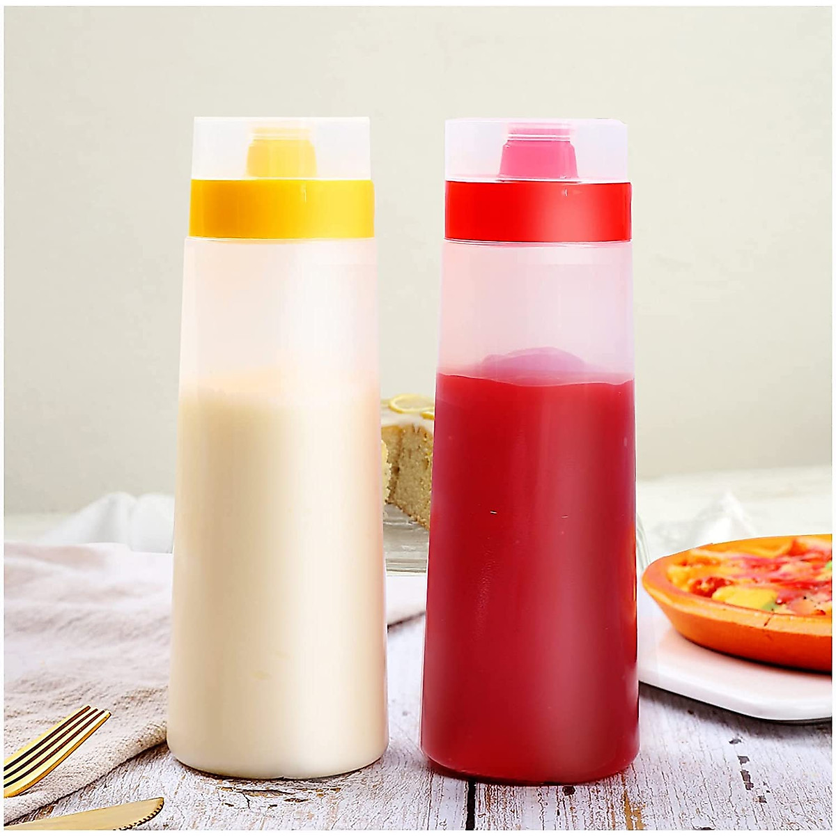 Poitemsic Condiment Squeeze Bottles 4 Holes Drizzle Bottle With Lid Sauce Dispenser Container For Sauces Salad Dressing Ketchup Chocolate Frosting Icing Candy Kitchen Baking,2-pack