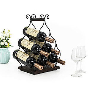 SODUKU Countertop Wine Rack 6 Wine Bottles Holder Rustic Metal Wood Wine Storage Rack for Kitchen Table Bar