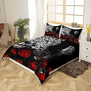 Rose Cheetah Duvet Cover King Size Wedding Valentine's day Bedding Set Black White Leopard Comforter Cover For Adults Men Women wild animal Quilt Cover 2 Pillow Cases Couple Bedroom Decor Red