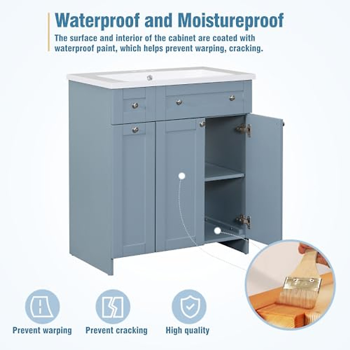 PrimaevalColossus 30" Modern Bathroom Vanity with Sink Combo, Freestanding Bathroom Vanity with Resin Sink Single Bathroom Cabinet Set with Soft Closing Doors & Drawers, Blue