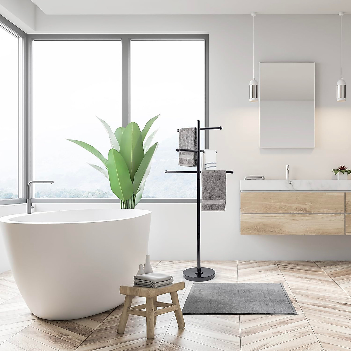 MyGift 5 Ft Tall Dark Brown Metal Floor Standing Bathroom Towel Stand Hanger Tree, Indoor Spa Pool Laundry Drying Rack with 6 Rungs for Hanging Towels or Clothing