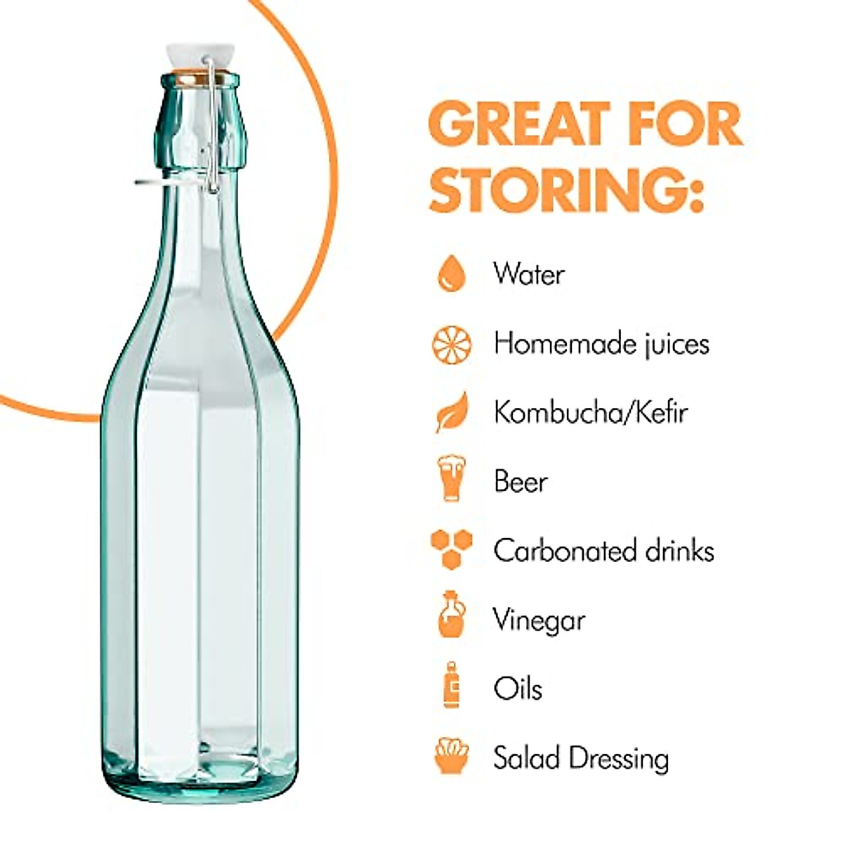 Amici Home Faceted Hermetic Glass Bottles | Eco-Friendly Swing Top Glass Bottles | Flip Top Glass Bottle with Airtight Cap | Glass Bottles with Caps - Dishwasher Free (Set of 2, 17 Oz)