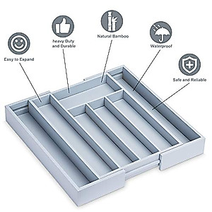 WuGeShop Bamboo Kitchen Drawer Organizer Expandable, Large Flatware Utensil Organizer, Adjustable Silverware Cutlery Tray for Knives, Spoons, Forks (7 Slots, Gray)