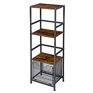 4-Tier Standing Storage Shelves, Narrow Shelving Unit for Small Places, Metal Wood Combination Storage Shelf Rack with Wire Basket,Adjustable Utility Shelf for Bathroom Kitchen Laundry Garage