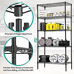 BLKMTY 5 Tier Wire Shelving Unit Height Adjustable Storage Shelves Compact Metal Shelves with Wheels for Pantry Garage Organizer Kitchen NSF Metal Storage Rack 30"x14"x60", Black