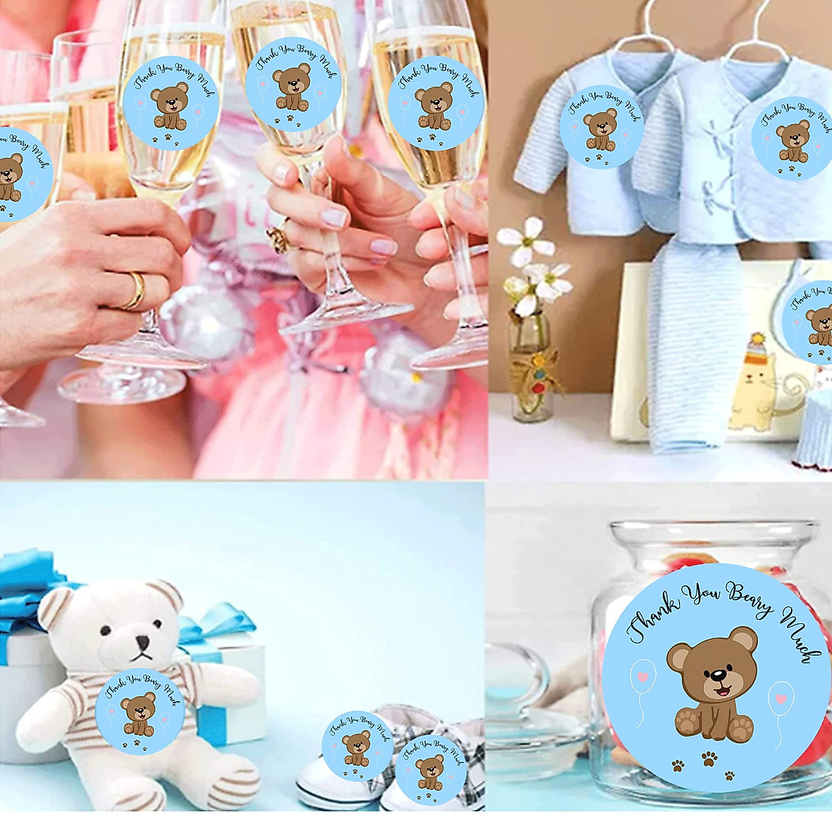 Blue Tedd Bear Stickers 2" Thank You Beary Much Labels-250 Pcs Teddy Bear Thank You Sticker Labels Boy Baby Shower Favors Labels Birthday Party Favor Labels with Balloon for Gift Bags Seal Sticker