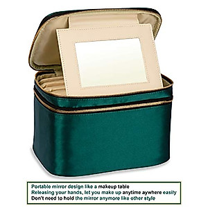 Eudora Double Layer Travel Makeup Bag, Green Nylon Satin Makeup Bag Organizer with Portable Mirror and Brushes holders, Large Cosmetics bag for Women (Green)