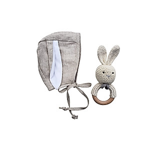 Baby Bunny Hat Bonnet Country Vintage Cotton Linen w/Velvet Rabbit Ears Easter Bonnet Hat (as1, Age, 0_Month, 3_Months, Camel Linen Velvet Bunny)