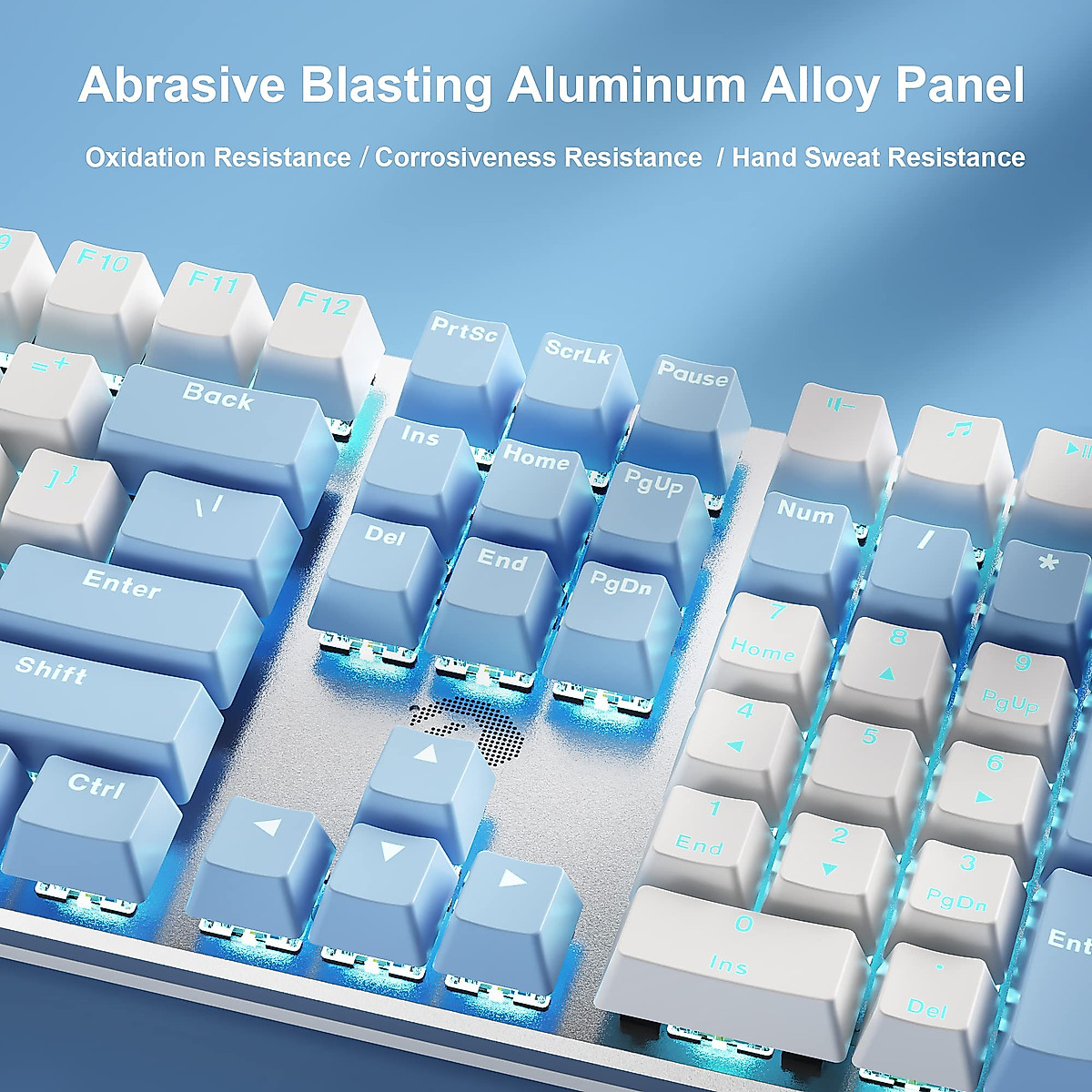 Superbcco Mechanical Gaming Keyboard, LED Backlit Wired Computer Keyboard with Clicky Blue Switches for Windows Gaming PC, 108 Anti-Ghosting Keys, QWERTY, Compact, Aluminum Base for Gamer (Blue)