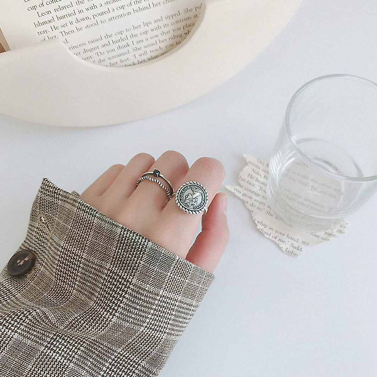 Antique Disc Carved Coin Open Statement Rings 925 Sterling Silver for Women Men Adjustable Fashion Vintage Goddess Worship Celebrity Medal Reversible Ring Stacking Promise Finger Band