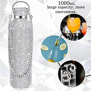 Diamond Water Bottle Bling Rhinestone Stainless Steel Thermal Bottle Refillable Water Bottle Insulated Water Bottle Glitter Water Bottle with Chain for Women Girls Gifts (Light Silver, 1000 ml)