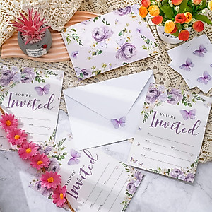 AnyDesign 20 Set Butterfly Purple Floral Invitations with Envelopes Stickers 5 x 7 Inch Spring Watercolor Invitation Paper Cards Blank Invites for Girls Baby Shower Wedding Birthday Dinner Party