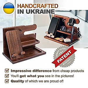 TESLYAR Wood Phone Docking Station Ash Key Holder Stand Watch Organizer Men Gift Husband Wife Anniversary Dad Birthday Nightstand Purse Father Graduation Male Travel Idea Gadgets (Brown)