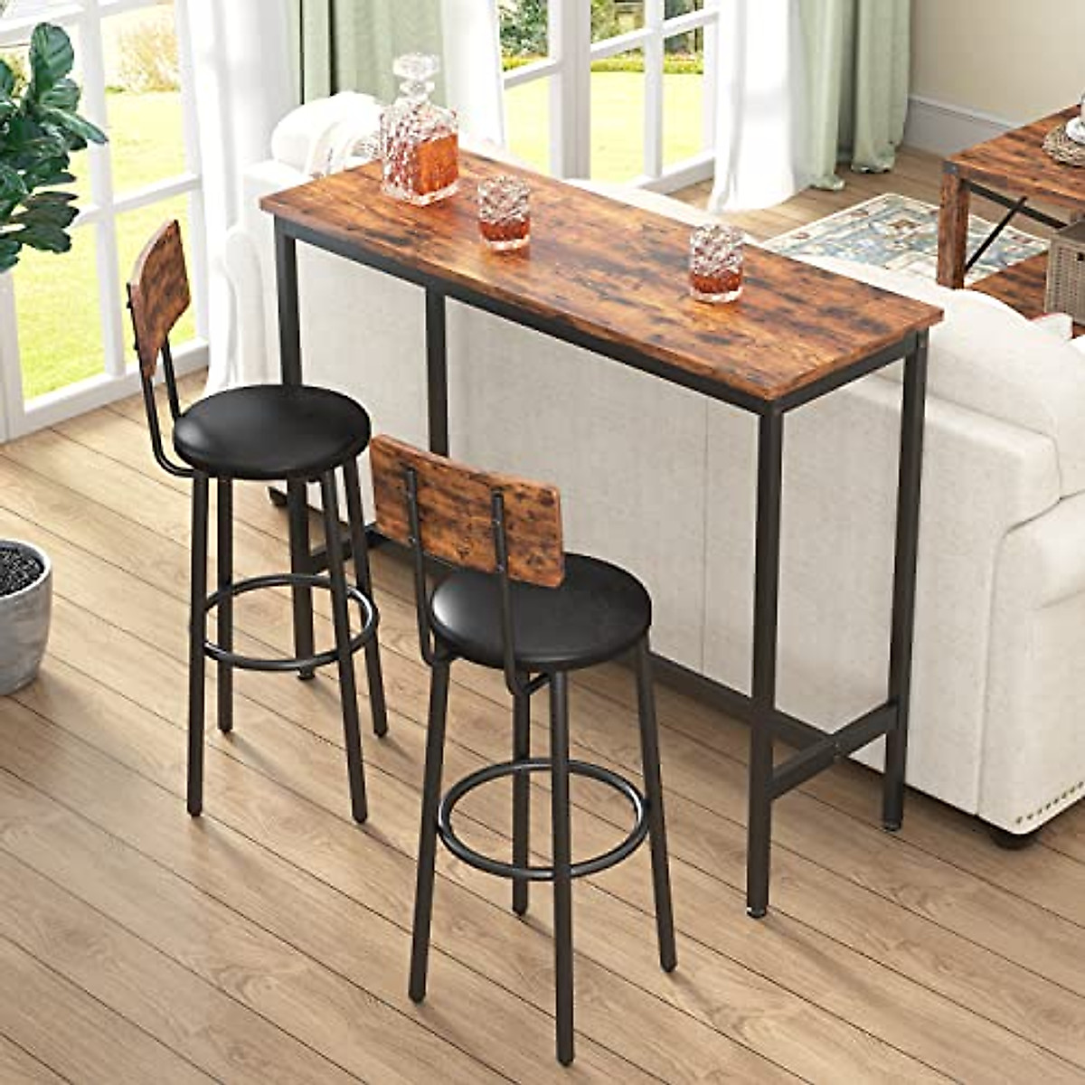 CIPACHO Bar Table and Chairs Set,3-Piece Dining Table Set,Industrial Counter Height Pub Coffee Bar Table Set with 2 stools for Kitchen, Living Room (Rustic Brown, 43.31’’L*15.75’’W*35.43’’H)