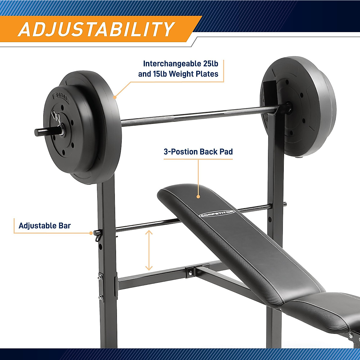 Marcy Competitor Standard Workout Bench with 80 lbs Vinyl-Coated Weight Set Combo CB-20111