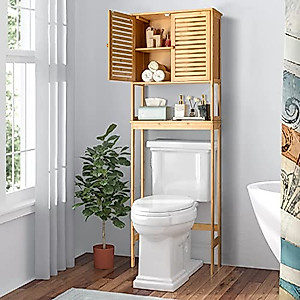 Bathroom Cabinet Over The Toilet, 2 Door Bamboo Storage Cabinet, Freestanding Space Saver Toilet Rack with Adjustable Inside Shelf and Open Shelf, for Bathroom, 9.05"D x 23.62"W x 67.91"H (Burlywood)