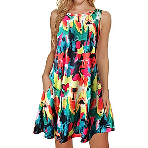 Beach Dresses for Women Summer Tshirt Floral Sundress Sleeveless Pockets Casual Loose Tank Dress(S2-COL,L) Multicolor