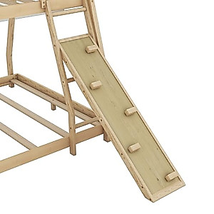 RORIGAT Twin Over Queen House Bunk Bed with Climbing Nets and Climbing Ramp, Wooden Low BunkBed Frame for Kids Boys Girls Bedroom,Natural