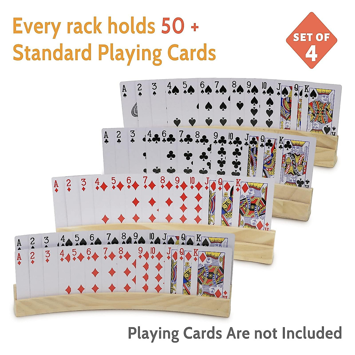 plusvivo Set of 4 Curved Playing Cards Holders for Seniors Adults - Soild Wood Cards Holders for Playing Cards 13 x 1.9 x 2.4 Inch for Bridge Canasta Strategy Foot and Hand
