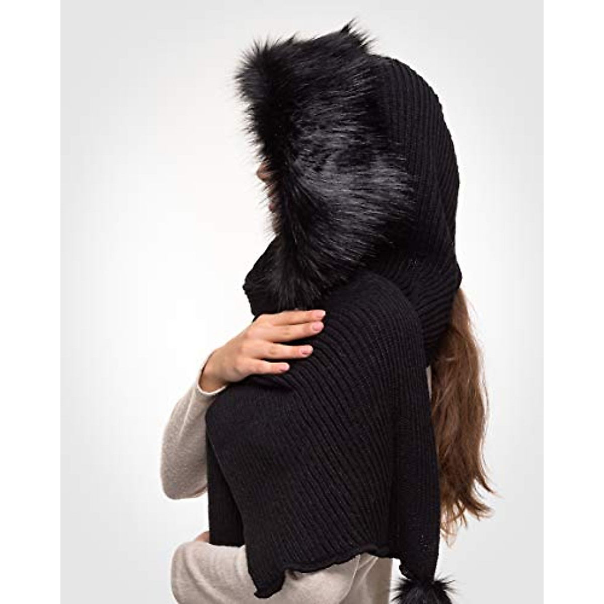 Futrzane Faux Fur Hooded Scarf for Women - Versatile Knitted Cowl for Winter (Black - Black Raccoon)