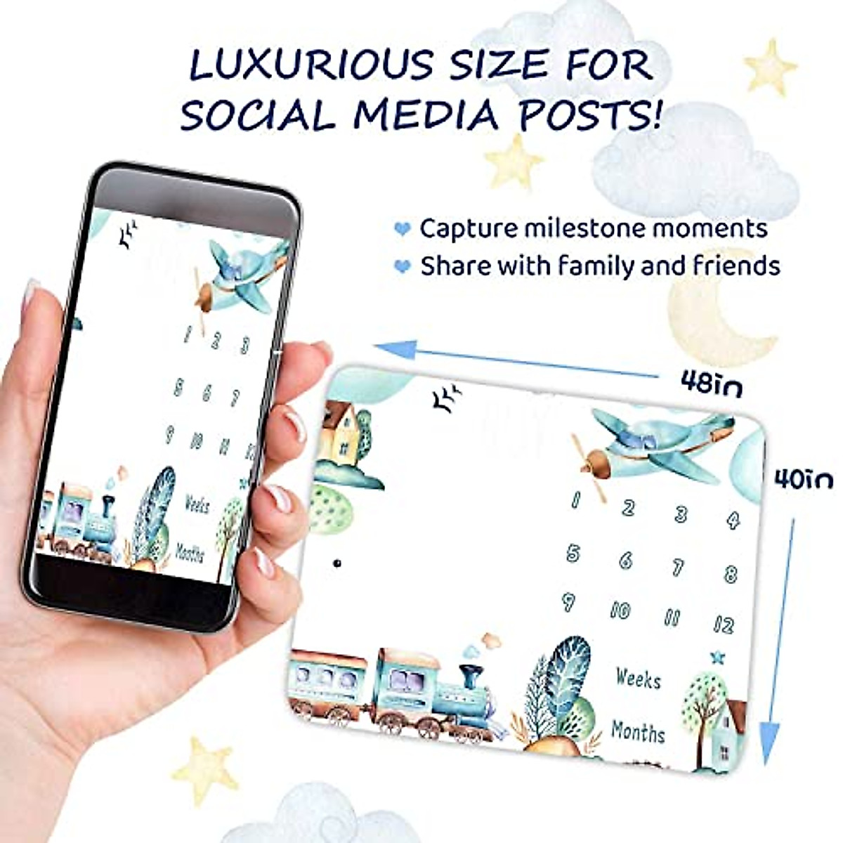 Airplane and Train Baby Monthly Milestone Blanket for Boy, Baby Blanket with Month Marker Frame, 48x40in, 1-12 Months Milestones, for Baby Showers and Newborn