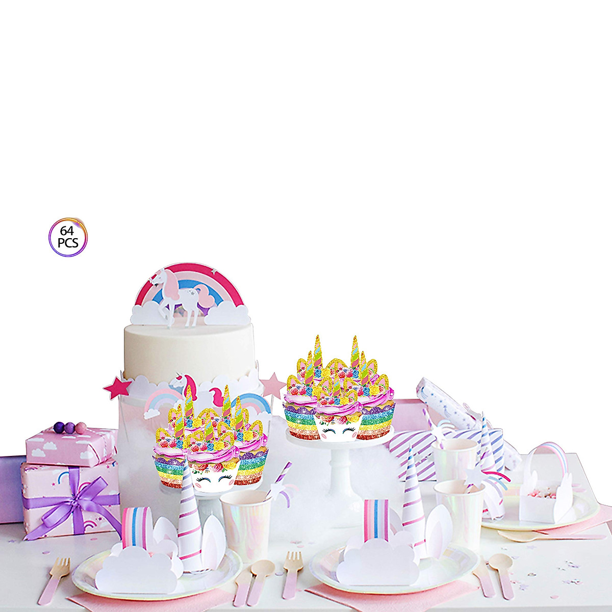 64pcs Unicorn Cupcake Toppers and Wrappers Double Sided for Kids Birthday Baby Shower Theme Party Decorations Supplies Set of 32
