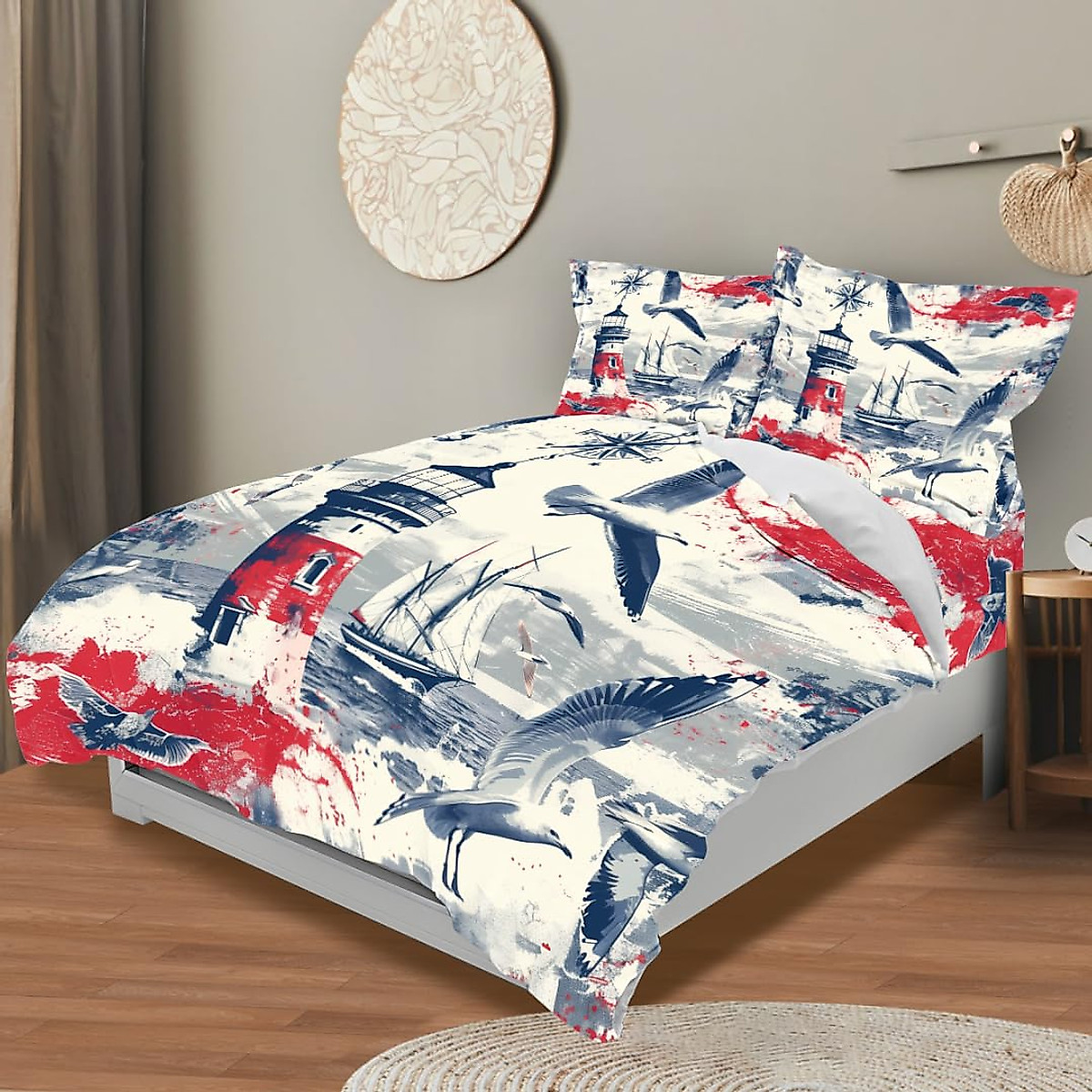 Nautical Dreams Duvet Cover Queen Size 3D Printed Duvet Cover Set Lighthouse Sailboat Seagull Voyage Exploration Bedding Set Home Decoration Comforter Cover Cozy Quilt Cover with 2 Pillowcases
