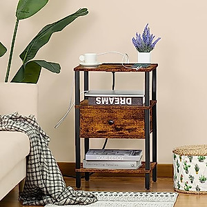 Lerliuo Nightstand with Charging Station and USB Ports, 3-Tier Storage End Table with Drawer Shelf, Night Stand for Small Spaces, Wood Bedside Table for Living Room, Bedroom - Retro Brown