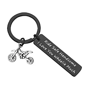 BLEOUK Dirt Bike Driver Boyfriend Husband Gift Ride Safe I Love You Wheelie Much Motorcycle Keychain for Him (RIDE WHEELIE black)