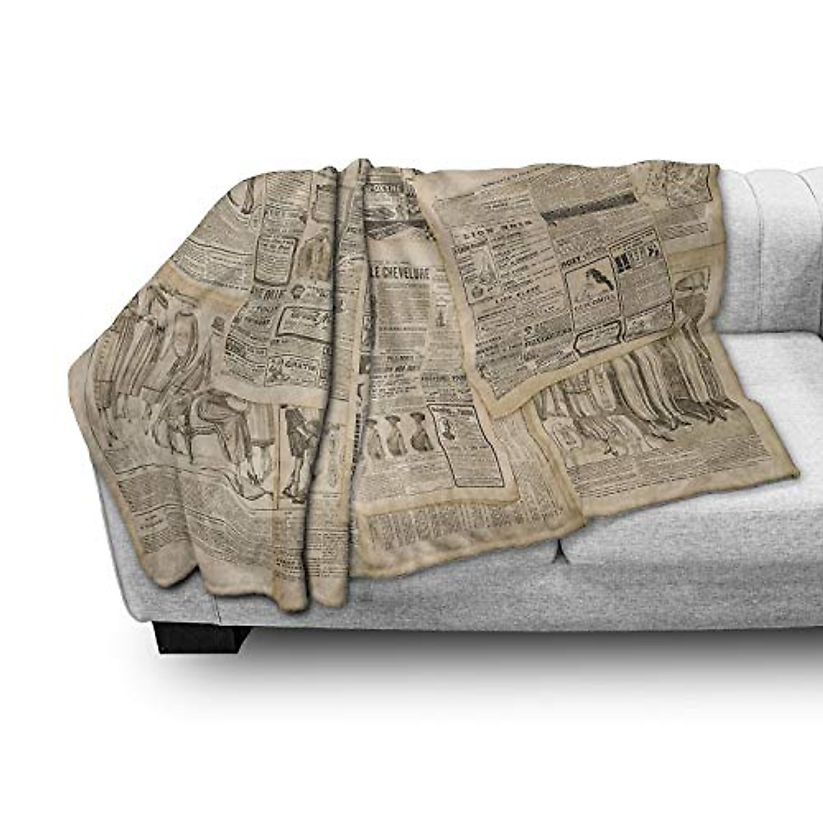 Ambesonne Antique Throw Blanket, Newspaper Pages with Advertising and Fashion Magazine Woman Edwardian Publicity Image, Flannel Fleece Accent Piece Soft Couch Cover for Adults, 50" x 60", Cream