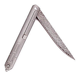 Samior GD035 Small Slim Folding Pocket Flipper Knife, 3.5 inches VG10 Damascus Tanto Blade, Slender Grey Titanium Handle Frame Lock Pocket Clip, Gentleman's EDC Knives