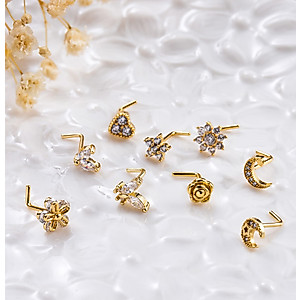 Masedy 9Pcs 20G Stainless Steel Nose Rings L Shaped Nose Studs Flower Screw Nose Rings for Women Men Nose Piercing Set LG