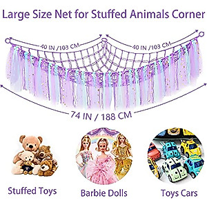 Stuffed Animal Hammock, Stuffed Animal Storage Net, Hanging Plush Net Hammock for Dolls, Toy Hammock Holder Boho Wall Corner Hammock Organizer inc Hooks, Stuffed Animal Toy Bags & Nets (Purple)