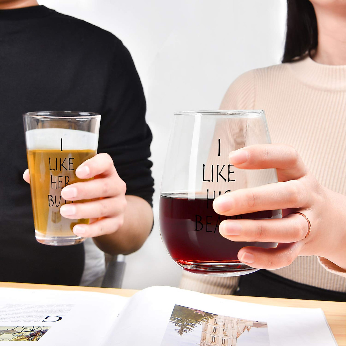 I Like His Beard Stemless Wine Glass and I Like Her Butt Beer Glass Set for Couples, Wife Husband, Fiance Fiancee, Gift Idea for Engagement, Wedding, Christmas, Bridal Shower, Valentine's Day, 15Oz