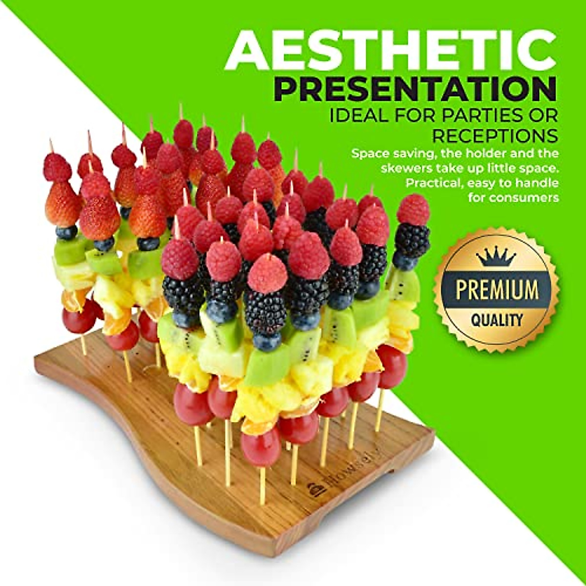 Skewer Holder – Chic Food Display Stands for Party – Ash Wood Pick Board for Parties, Events, BBQs - Food Skewers Board with 2 Ash Bowls and 100pcs Skewers – 11.4 x 7.5 x 0.8-inch