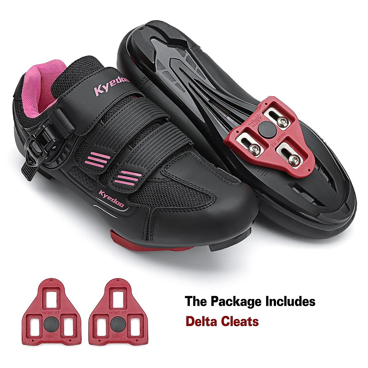 Womens Cycling Shoes Compatible with Peloton Bike Clip in Ladies Indoor Cycling Road Bike Riding Biking Shoes, Pre-Installed Delta Cleats Size 8.5 Black Pink
