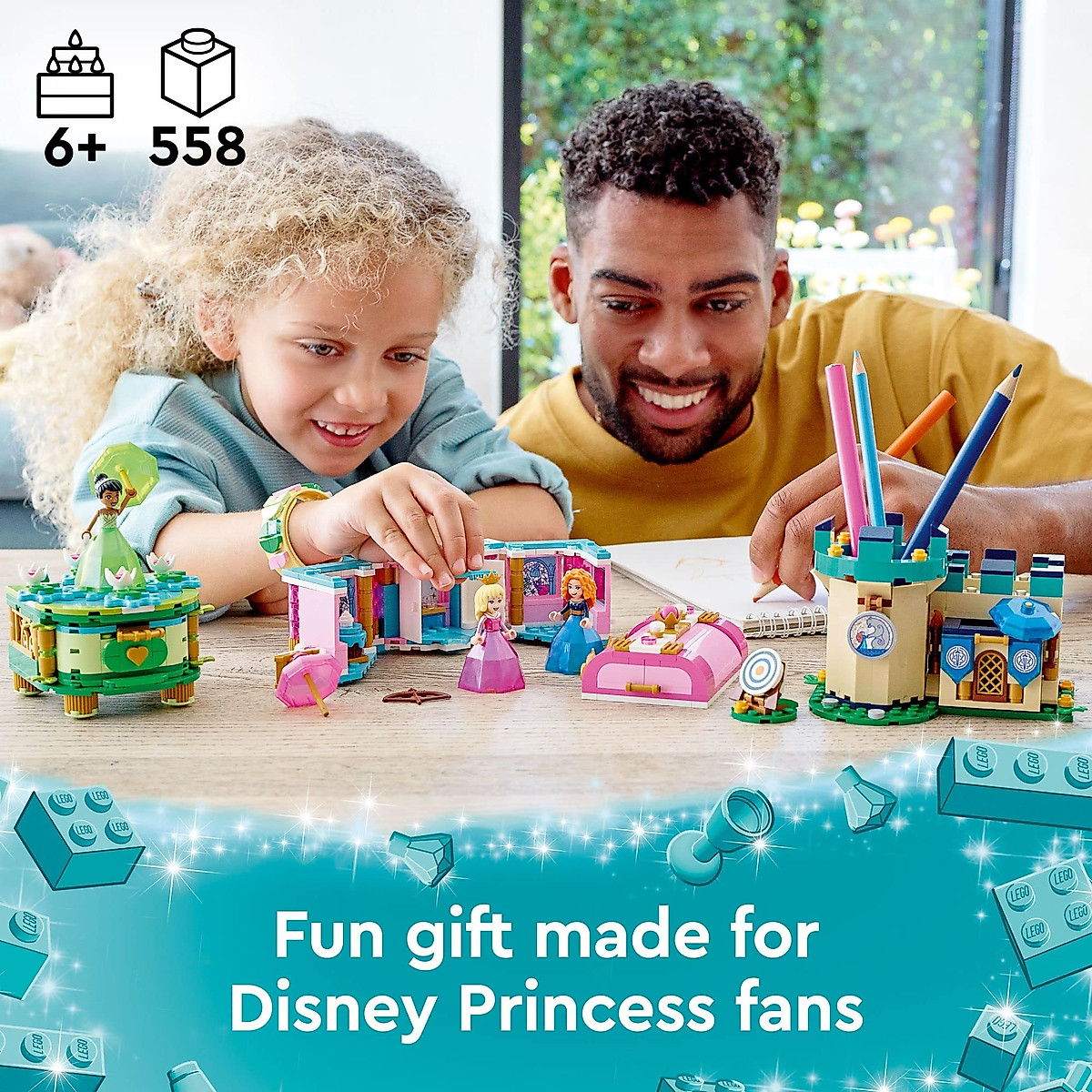 LEGO Disney Princess Aurora, Merida & Tiana’s Enchanted Creations 43203 Diamond Dress Set with 2 Buildable Jewelry Boxes, Pencil Holder, DOTS Bracelet and Mini-Dolls