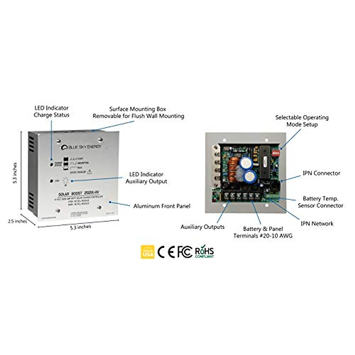 Blue Sky Energy Solar Boost SB2512iX-HV, 25A MPPT Solar Charge Controller for 12V Lead Acid Batteries. Auxiliary Output for Dual Battery Charge or 25A LVD Load Output