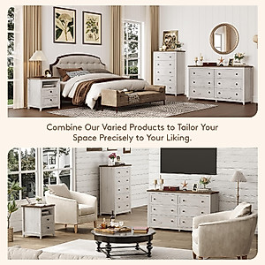 Lifewit Farmhouse Nightstand with Power Outlets and USB Ports, Bedside Table with 2 Drawers and 1 Open Storage Space, Side Table, End Table, Night Stand for Bedroom, Rustic White