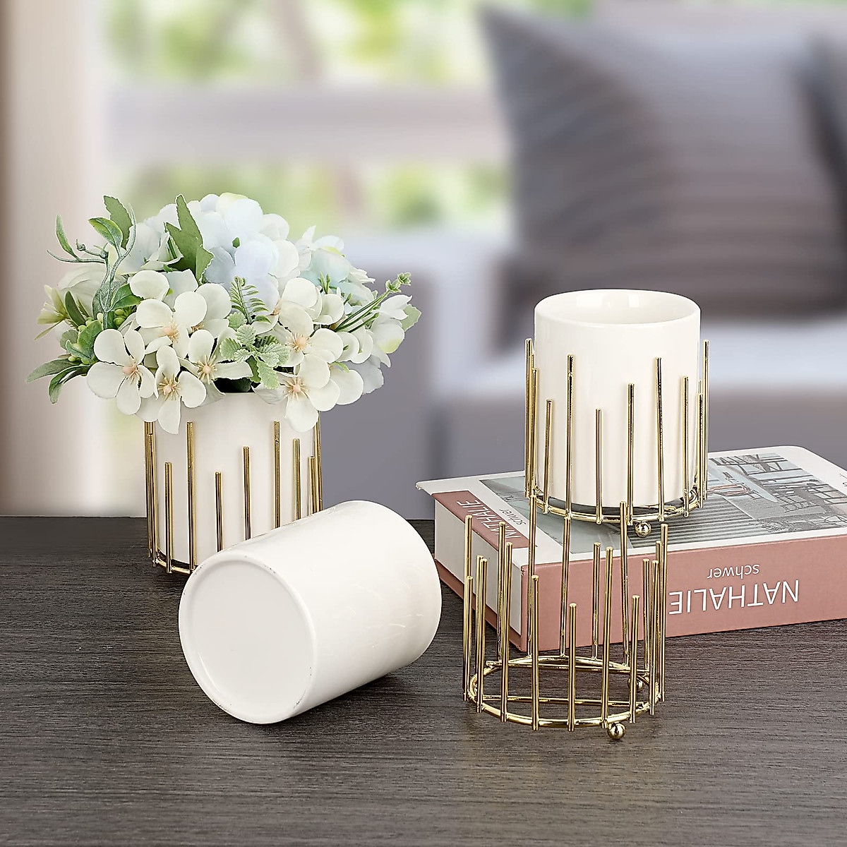 JUXYES Pack of 3 Ceramic Silverware Holder for Party, White Cutlery Holder Holder With Golden Metal Bracket, Small Flatware Caddy Organizer Utensil Holder for Kitchen Countertops Dining Tables