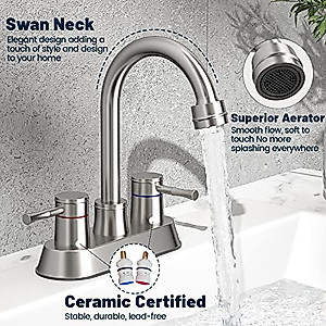 yeulluey 360 Swivel Spout Bathroom Sink Faucet with 2 Water Supply Lines, Brushed Nickel Lead-Free Bathroom Faucets Stainless Steel 4 Inch 2 Handle Centerset Faucet for Bath Basin 2 3 Hole