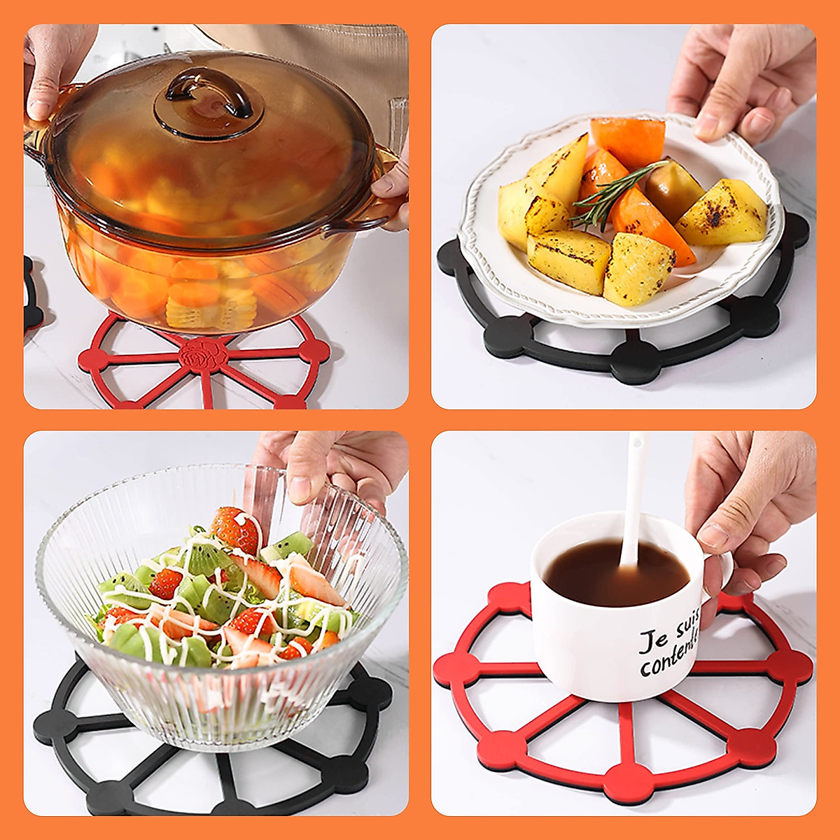 2PCS Magnetic Trivets for Hot Pots and Pans, Non-Slip Silicone Mats, Heat Resistant Magnetic Pads for Hot Dishes/Pots/Pans, Black & Red Double Sided Silicone Kitchen Trivets for Table Countertop