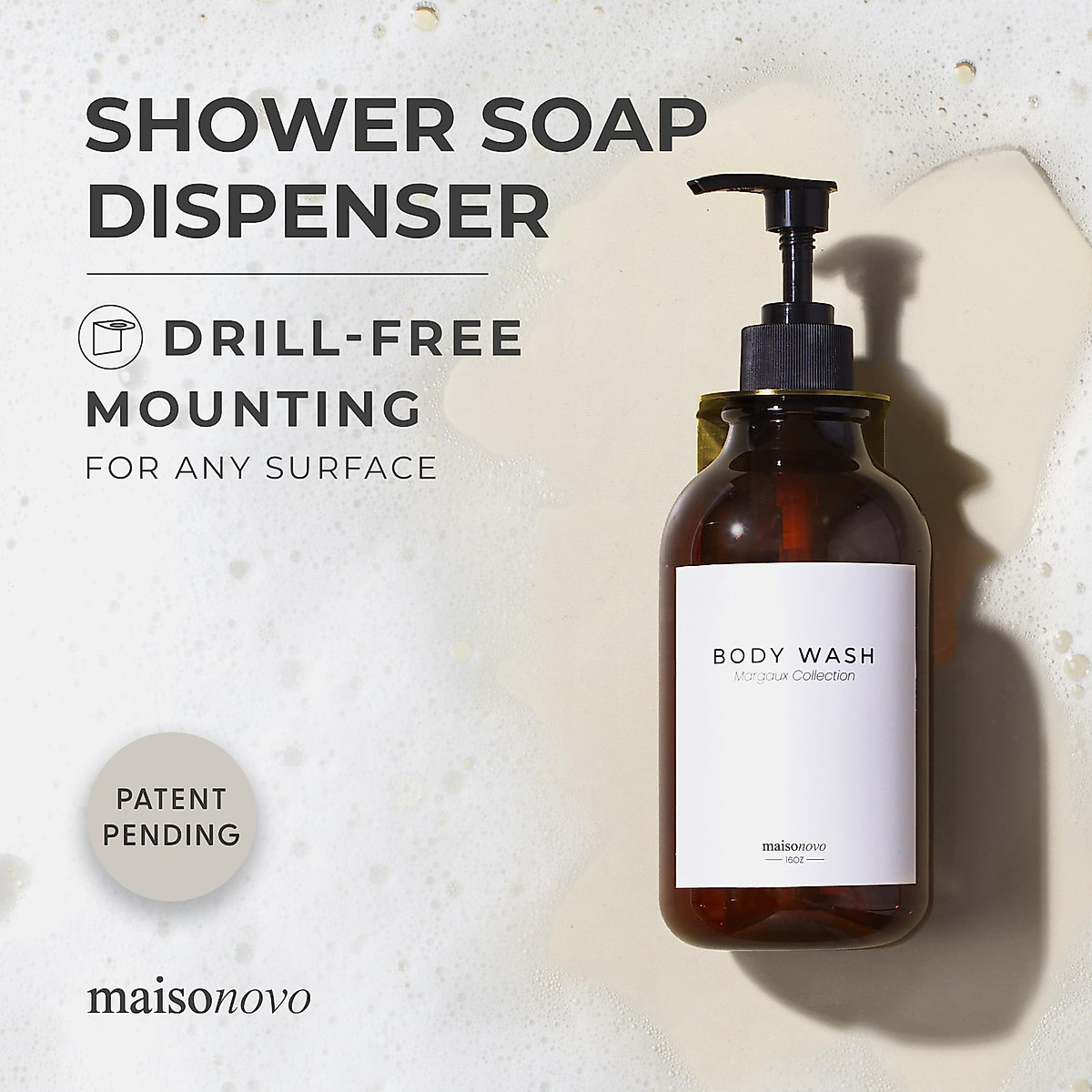 MaisoNovo Shampoo and Conditioner Dispenser with Wall Mounts - 3 Amber Plastic Bottles Black Pump - 4 Mixed Pack Foaming Hand Soap Refill Tablets