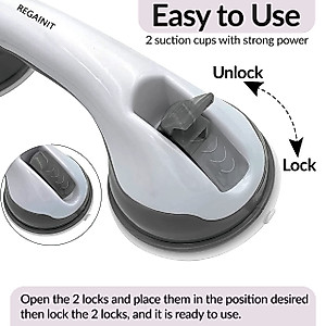 REGAINIT Suction Shower Handle 12-inch | Safety Hand Rail for Bathtubs and Showers | Bathroom Grab Bars | Handicap Grab Bars | Strong Hold Suction Cups | Non-Slip Grip for Elderly, Kids, (1Pack,Grey)